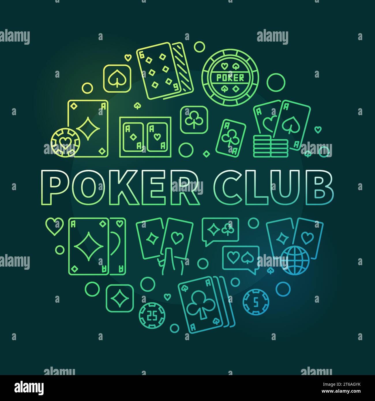 Vector Poker Club concept linear round green illustration on dark ...