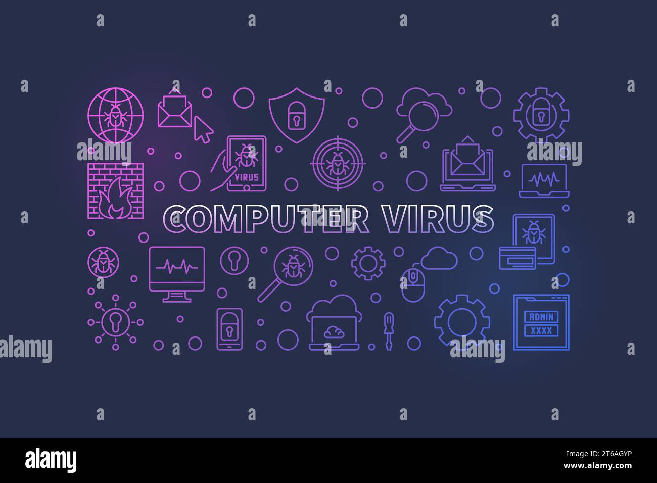 Computer Virus vector concept line horizontal illustration or banner on ...