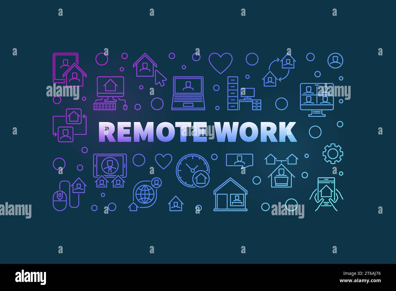 Remote Work vector concept colorful horizontal line illustration on ...