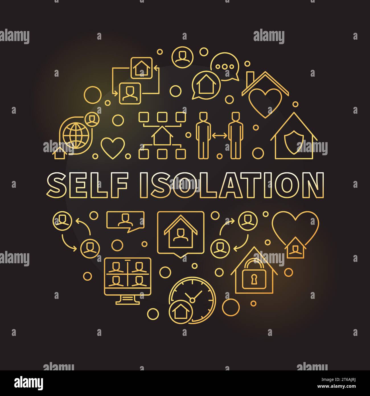 Self Isolation vector concept round golden outline illustration on dark ...