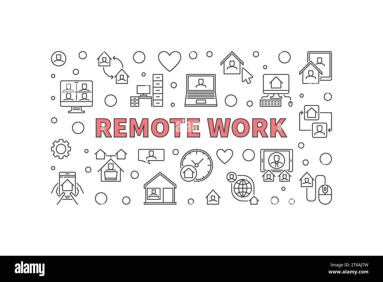 Remote Work vector concept horizontal banner or illustration in outline ...