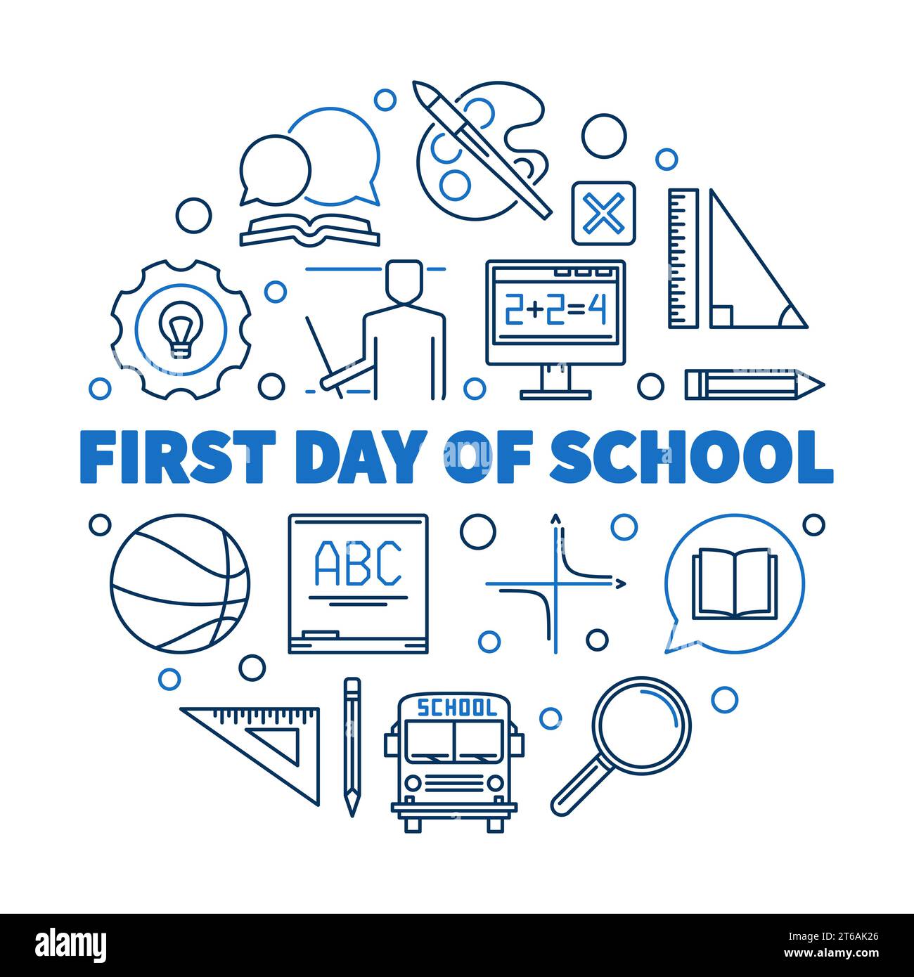 First Day of School vector concept round outline blue illustration on ...