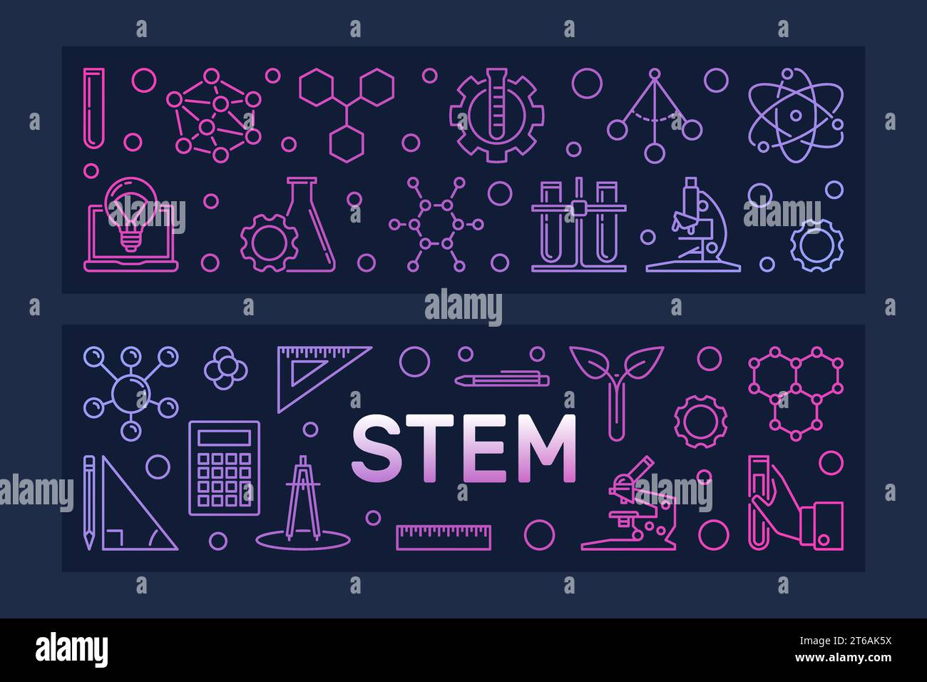 STEM vector concept two colorful banners in outline style on dark ...