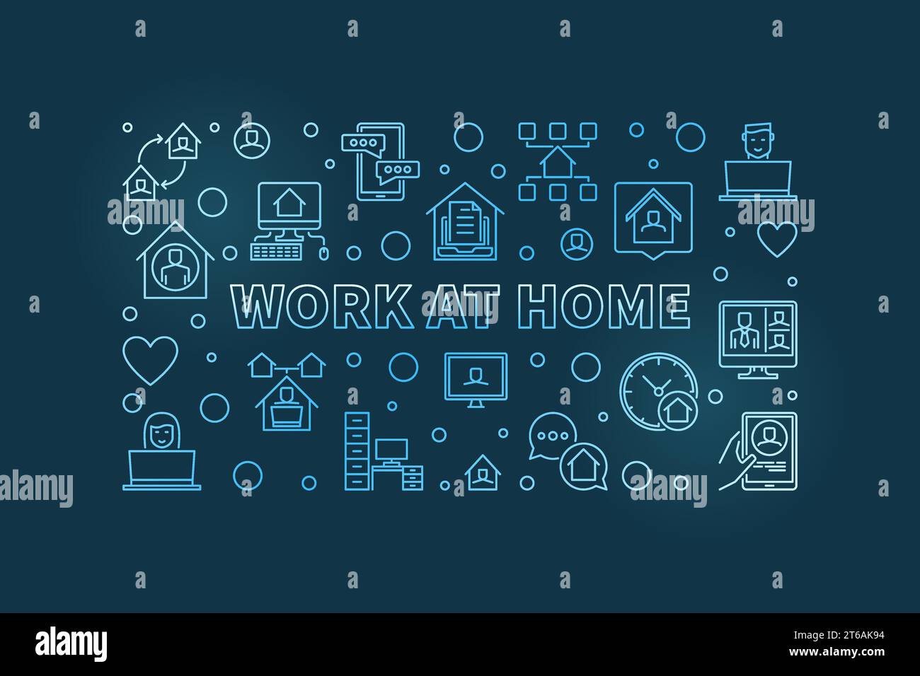 Vector Work At Home concept outline blue horizontal illustration or ...