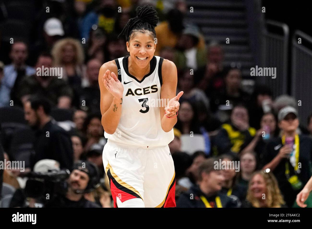 FILE - Las Vegas Aces forward Candace Parker (3) reacts during the ...