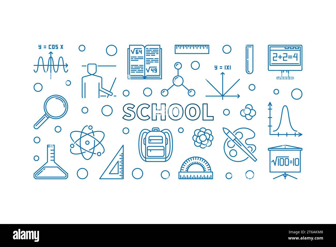 School vector blue concept horizontal banner or illustration in thin ...