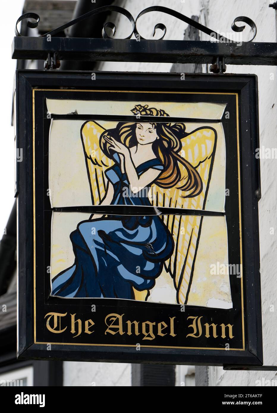 Traditional hanging pub sign at the The Angel Inn, High Street, Wooler ...