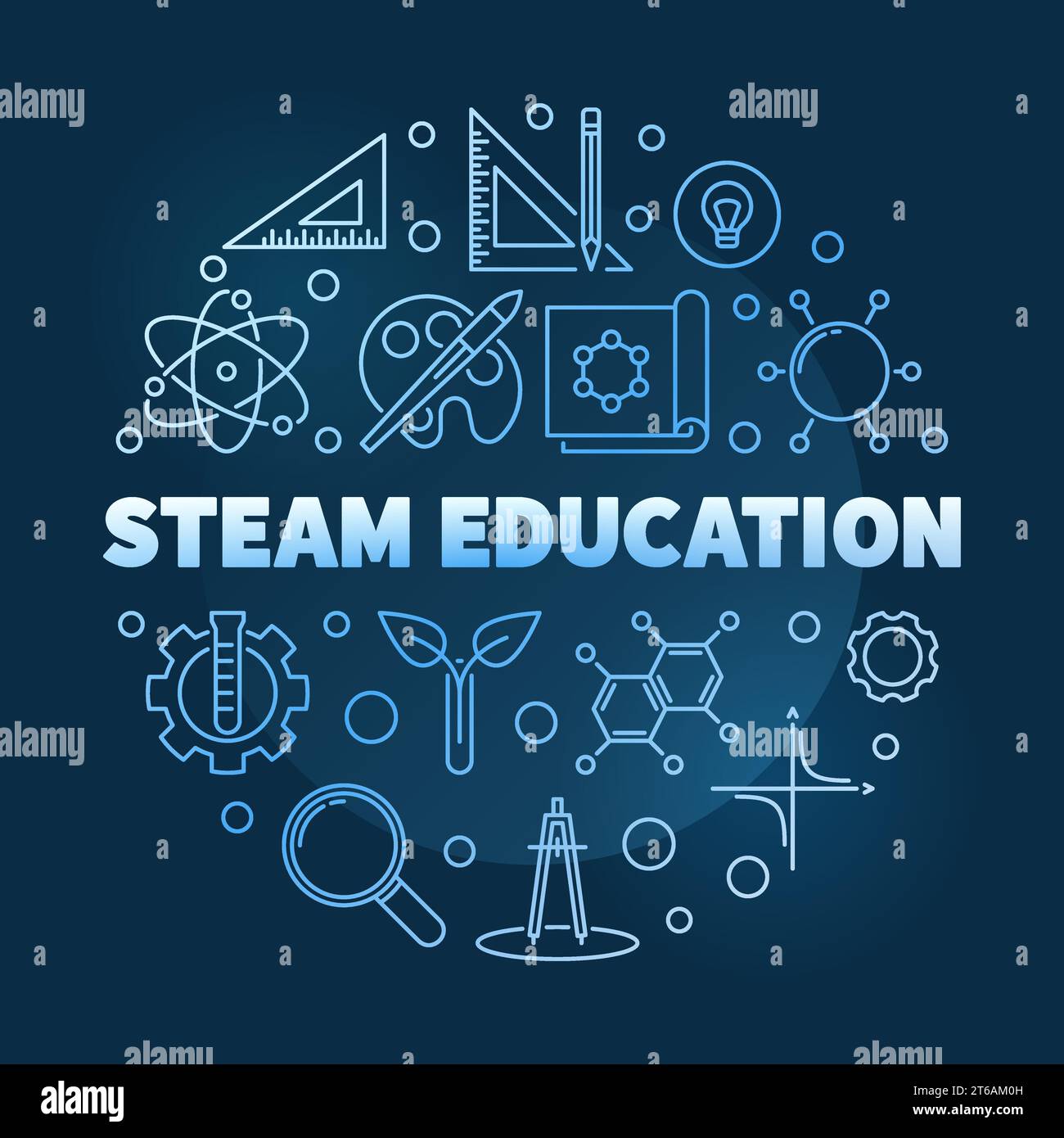 Vector STEAM Education concept blue linear round illustration on dark ...