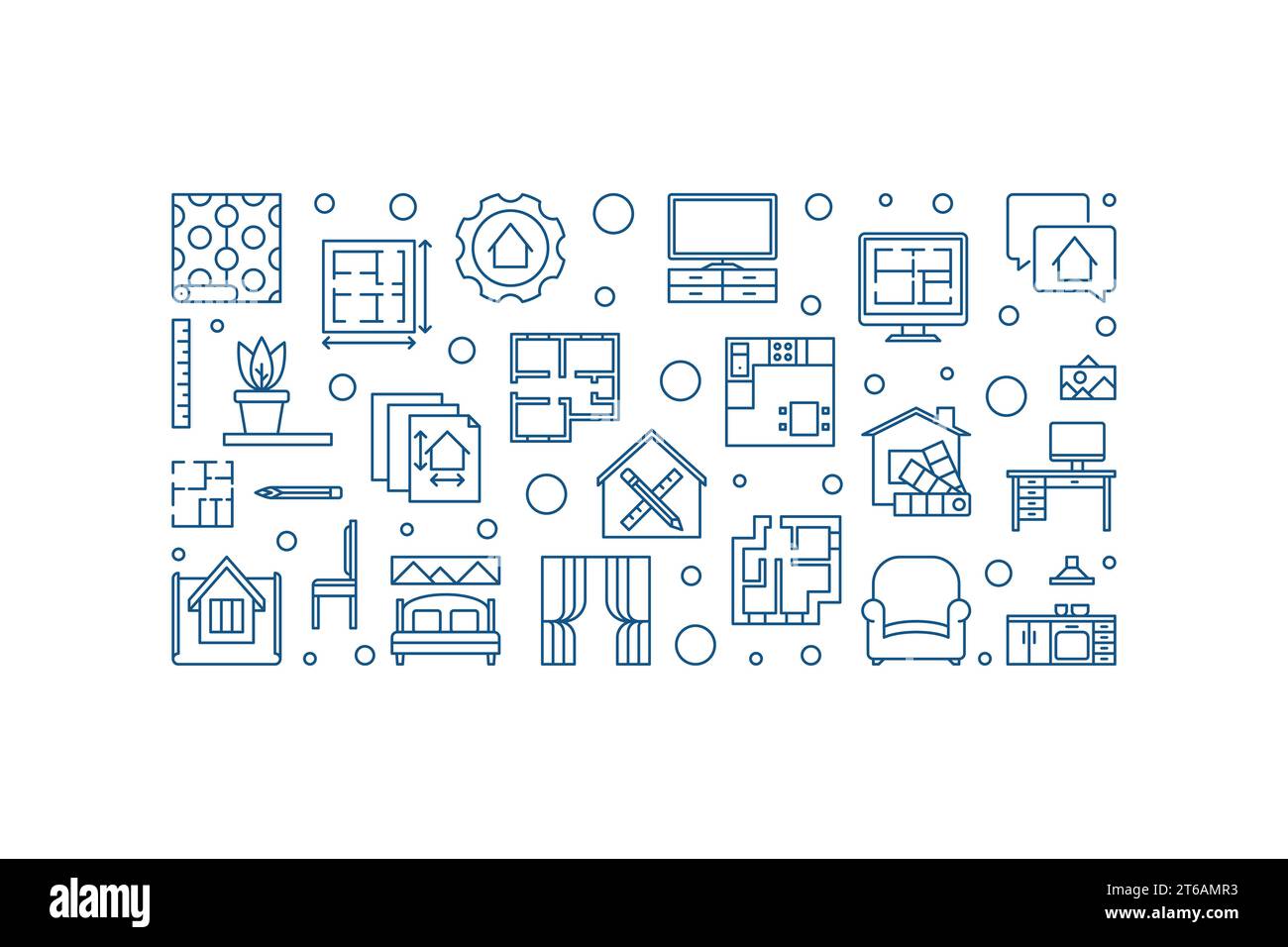 Home Interior Design vector concept blue outline horizontal ...
