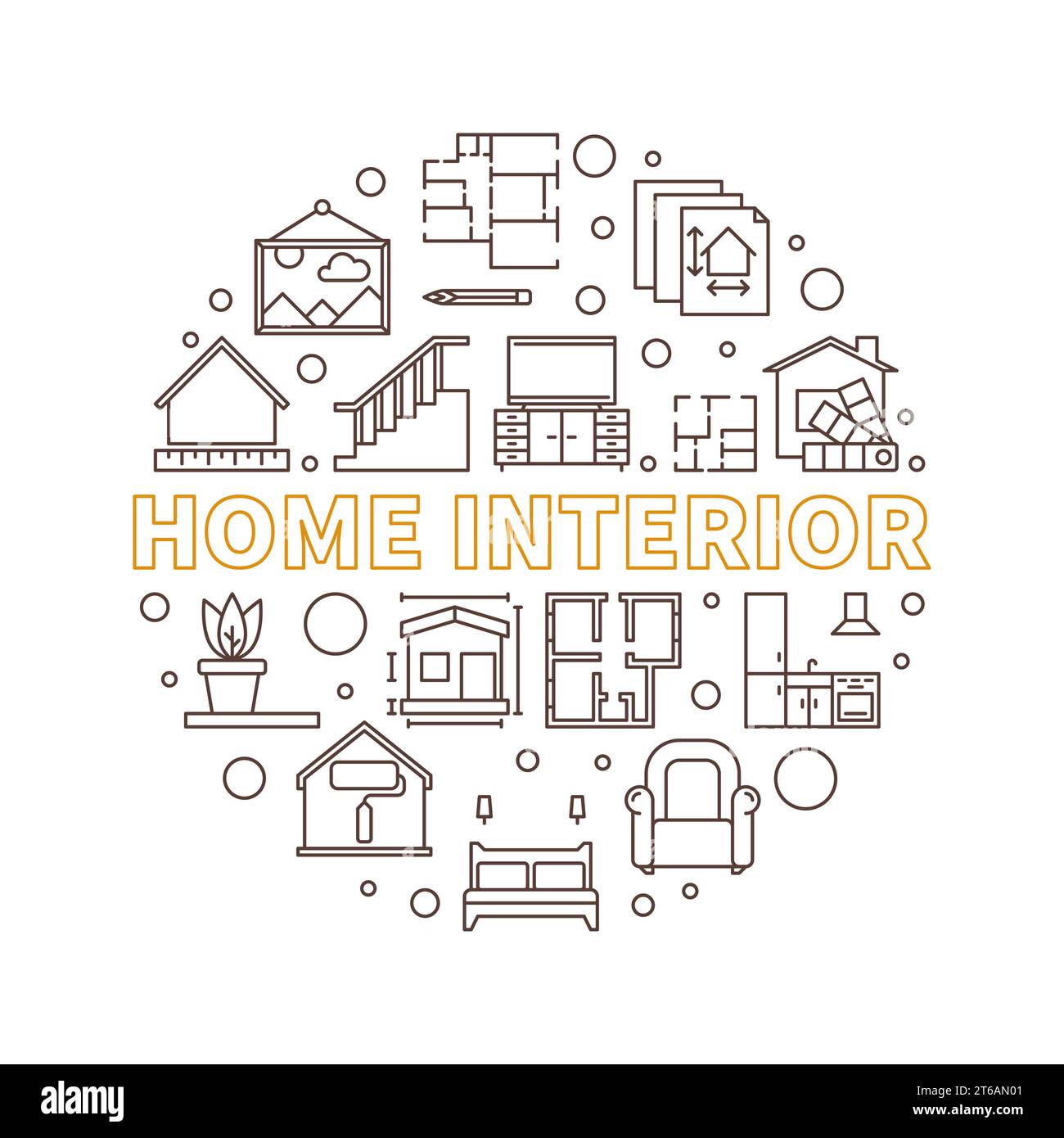 Home Interior vector circular concept minimal illustration in outline ...