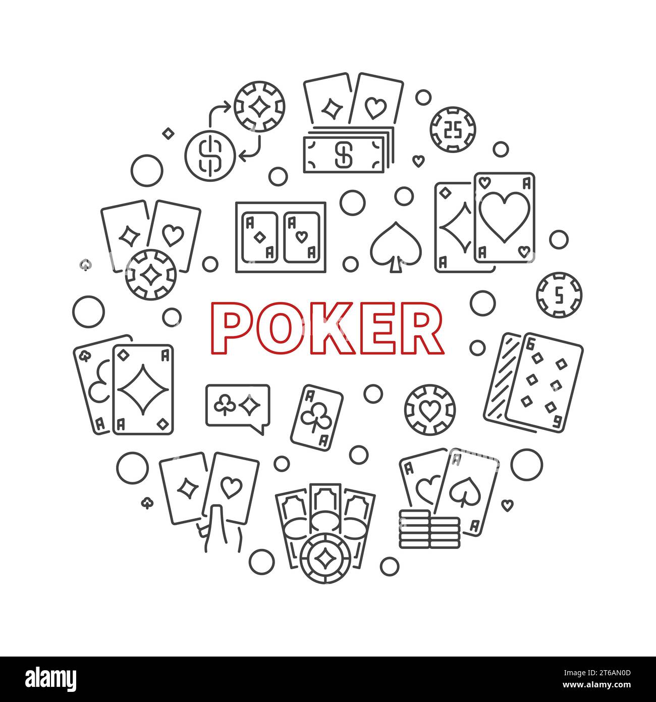 Poker card game round vector concept illustration in thin line style ...