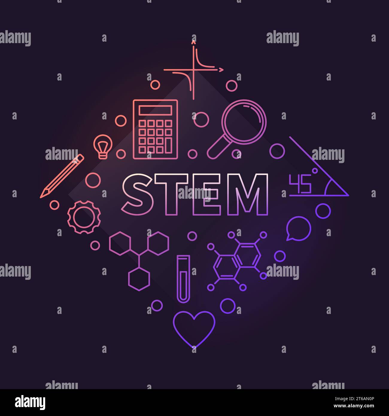 STEM vector concept colored illustration in outline style on dark ...