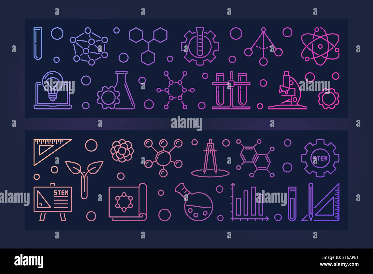 Set of 2 STEM Education vector concept colored linear banners with dark ...