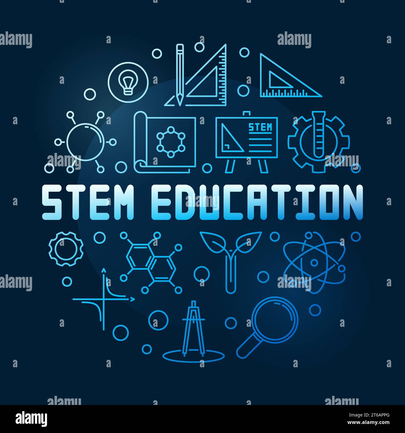 STEM Education vector concept blue linear round illustration on dark ...