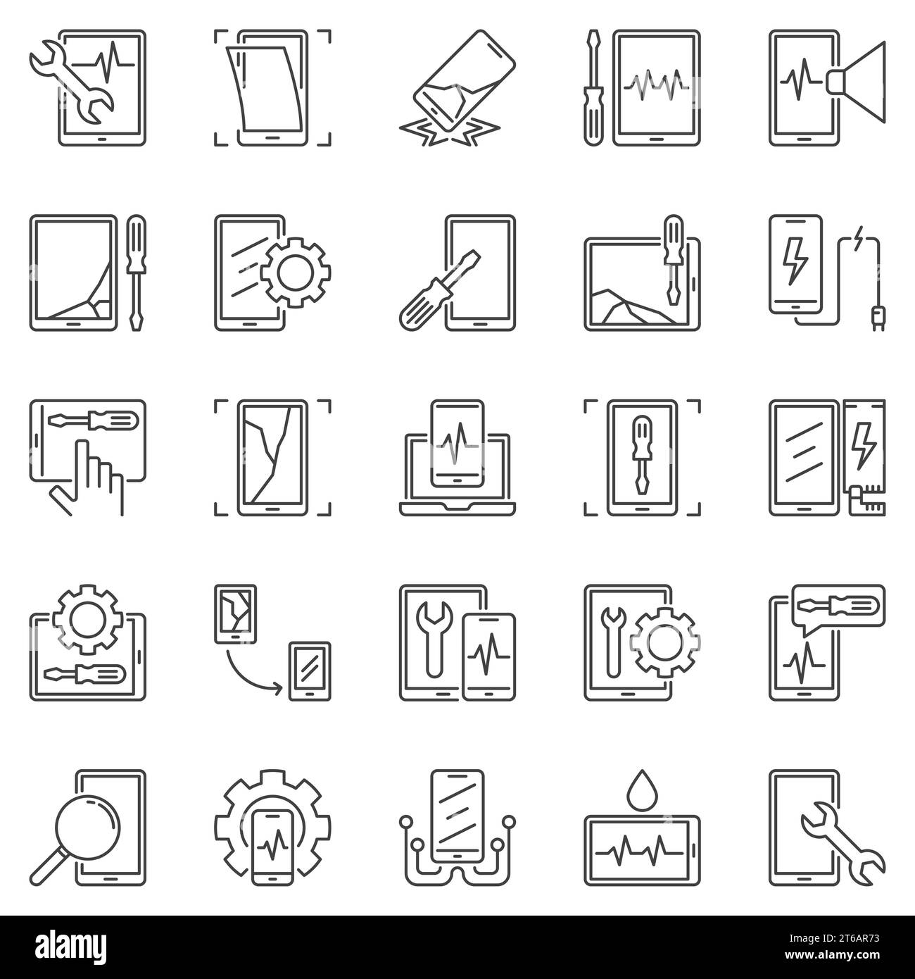 Smartphone and Tablet Repair concept outline icons set. Vector Broken ...
