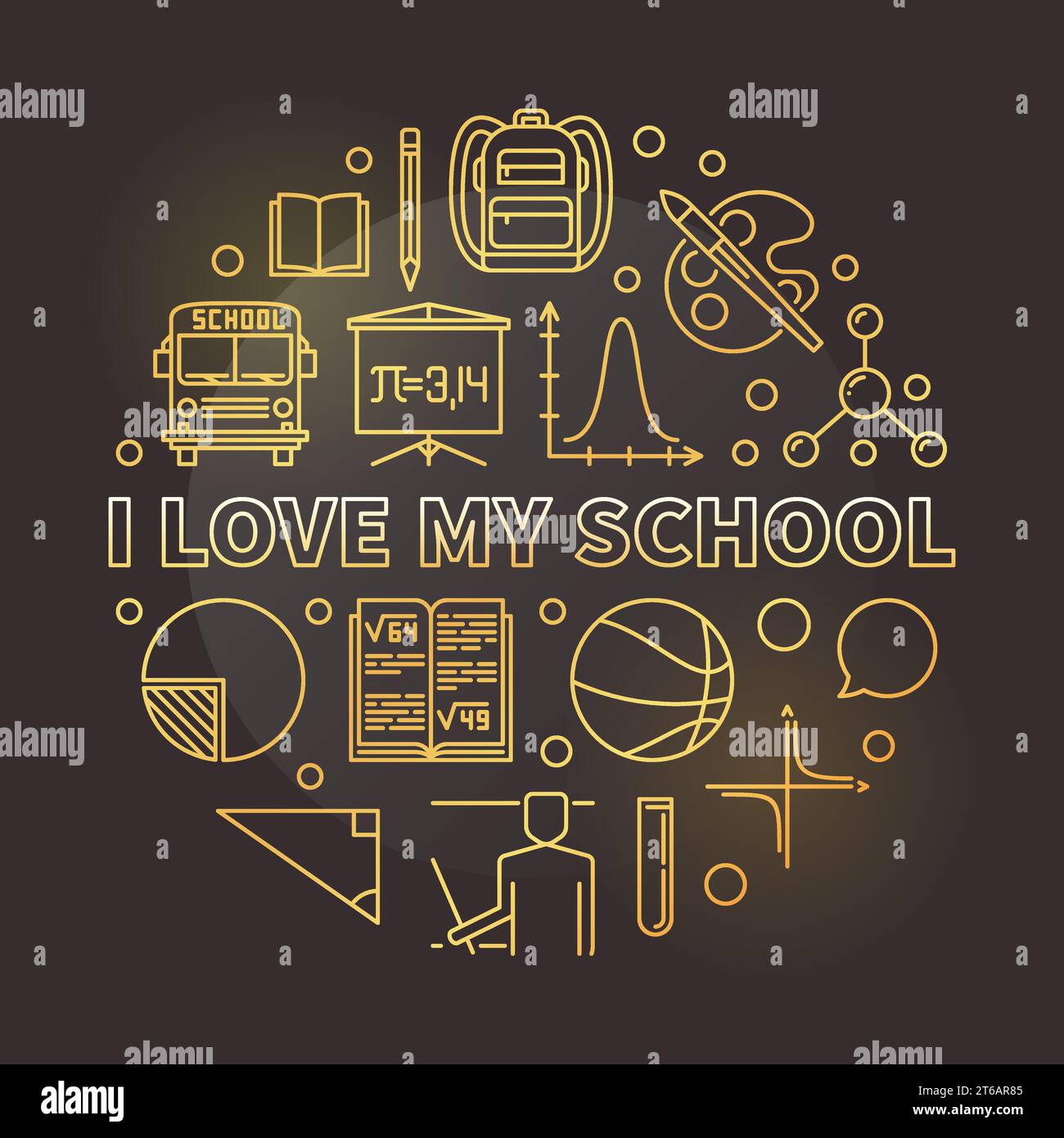 I Love My School vector concept round golden thin line illustration on ...