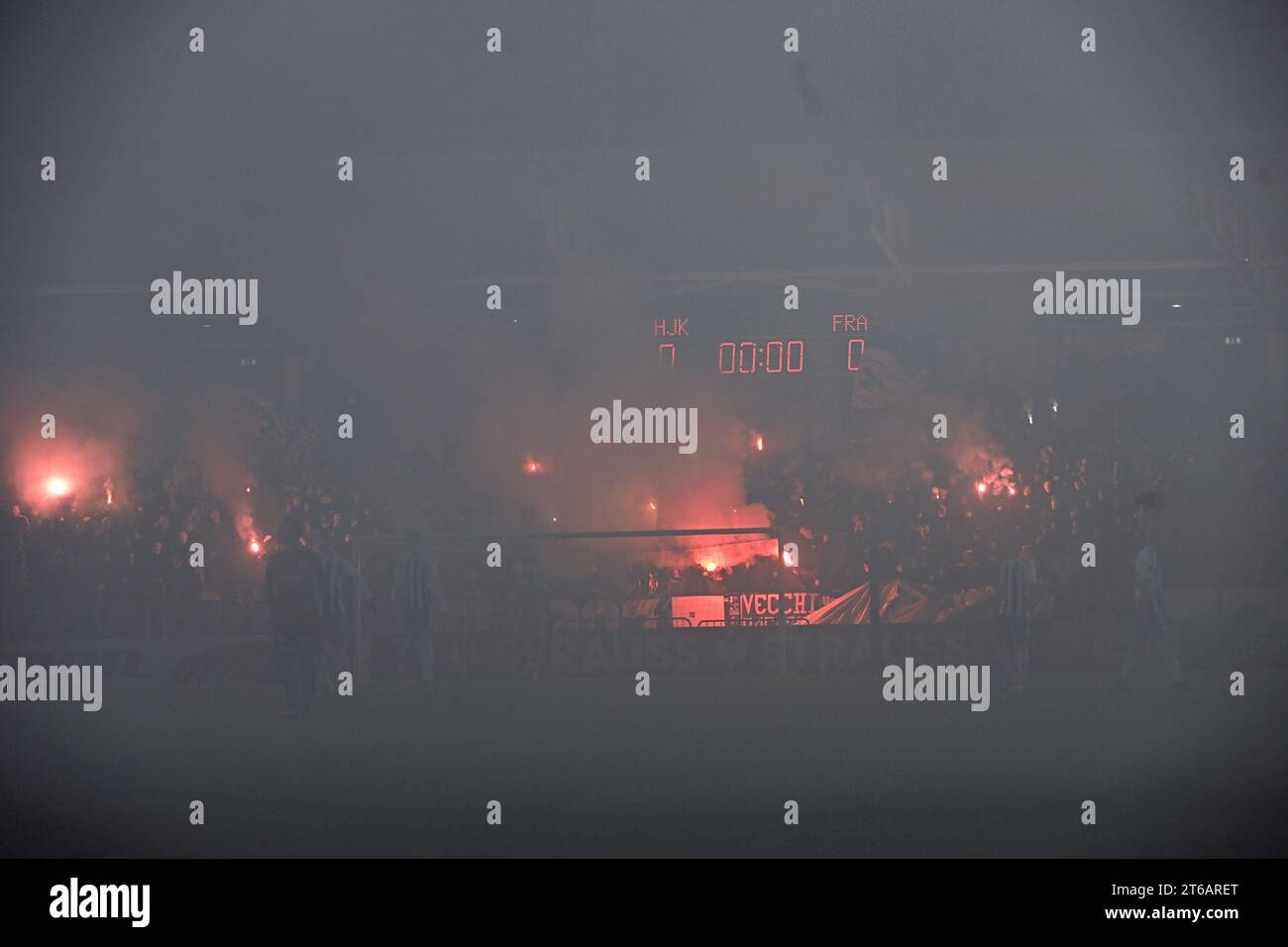Helsinki, Finland. 09th Nov, 2023. Fans light flares during the ...