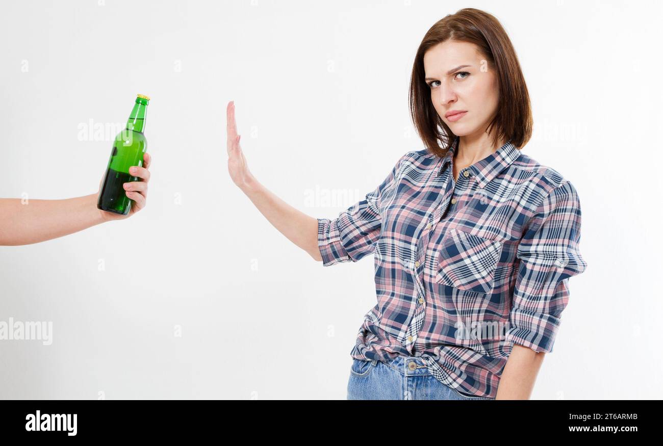 brunette voman refused alcohol drink isolated, anti alcohol concept ...