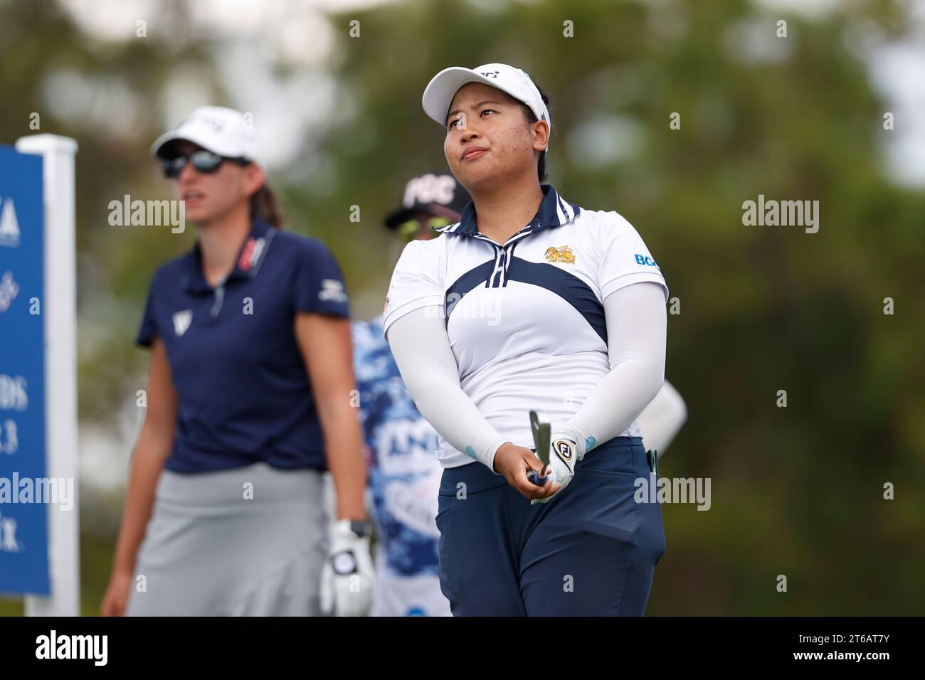 Chanette Wannasaen reacts after teeing off on the ninth hole during the ...