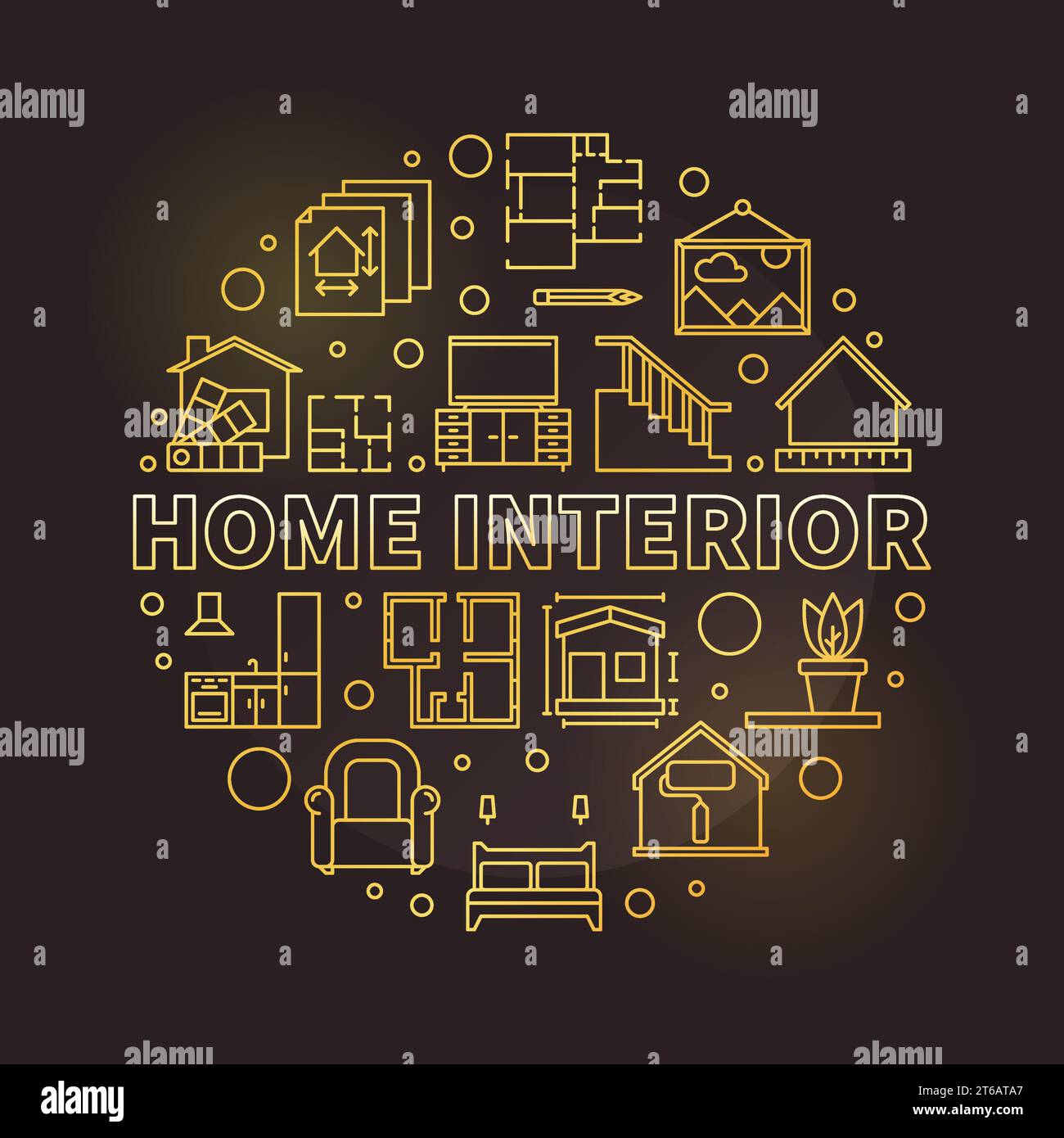 Vector Home Interior round concept golden illustration in line style ...
