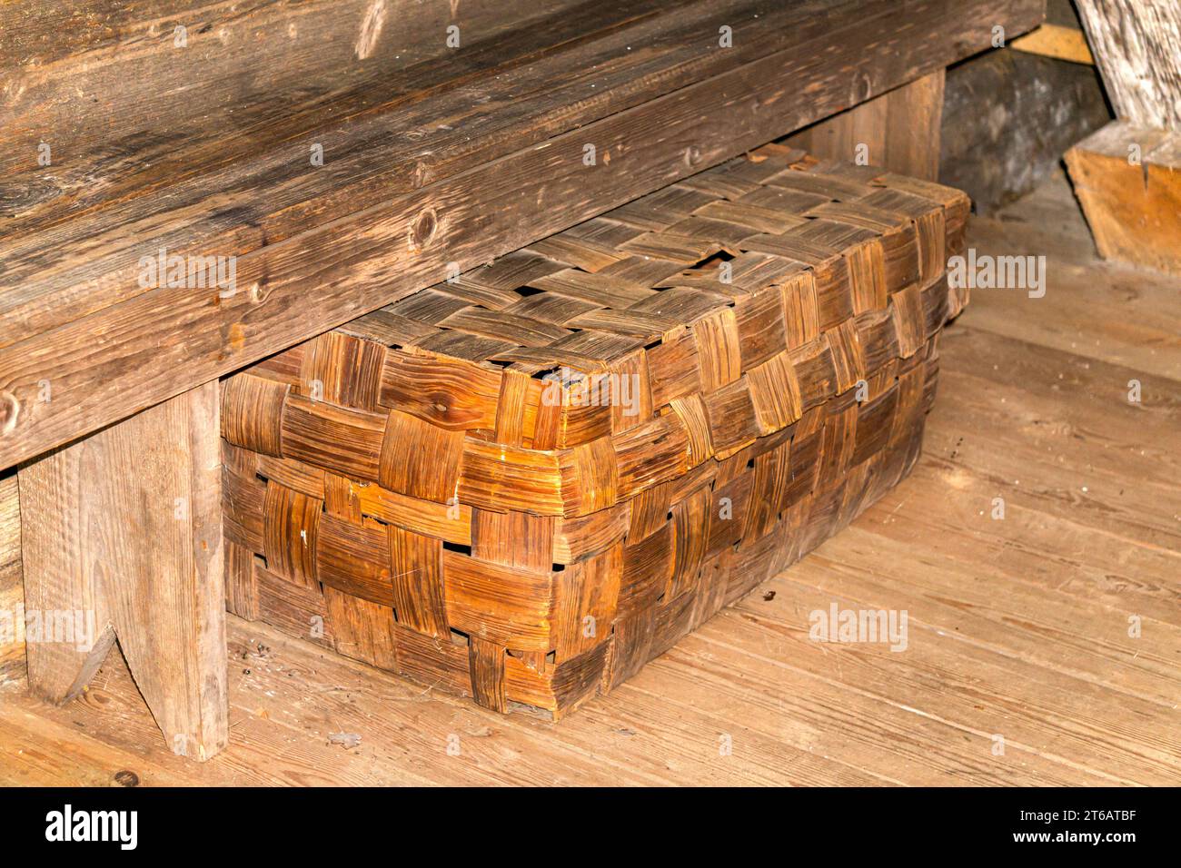 An old, vintage, wicker box for bath accessories in a bathhouse Stock ...