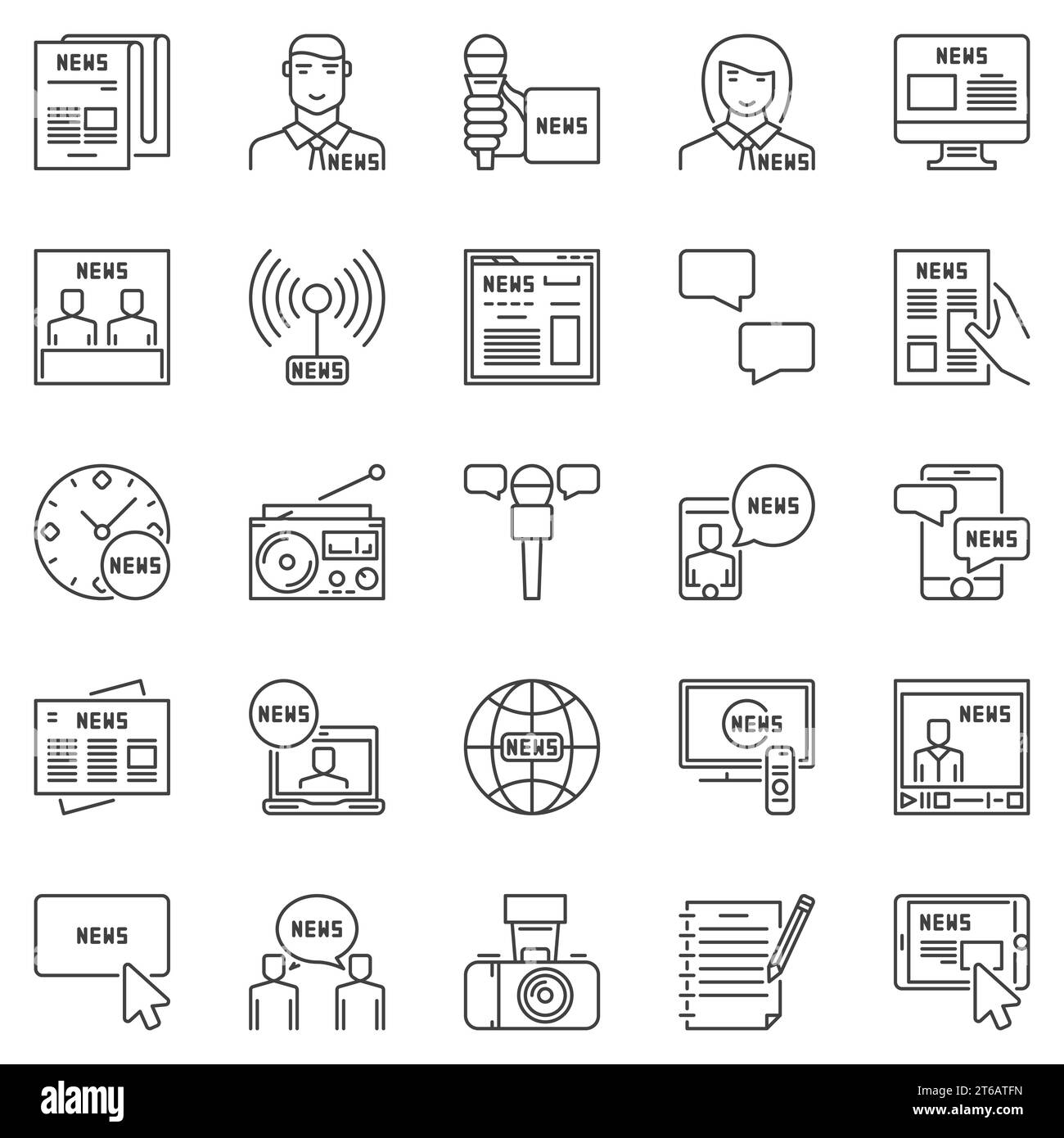News outline icons set - vector collection of media and reporter ...