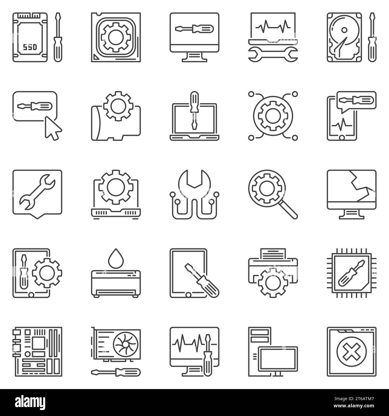 Computer Repair outline icons set. Vector Computer Maintenance concept symbols in thin line ...