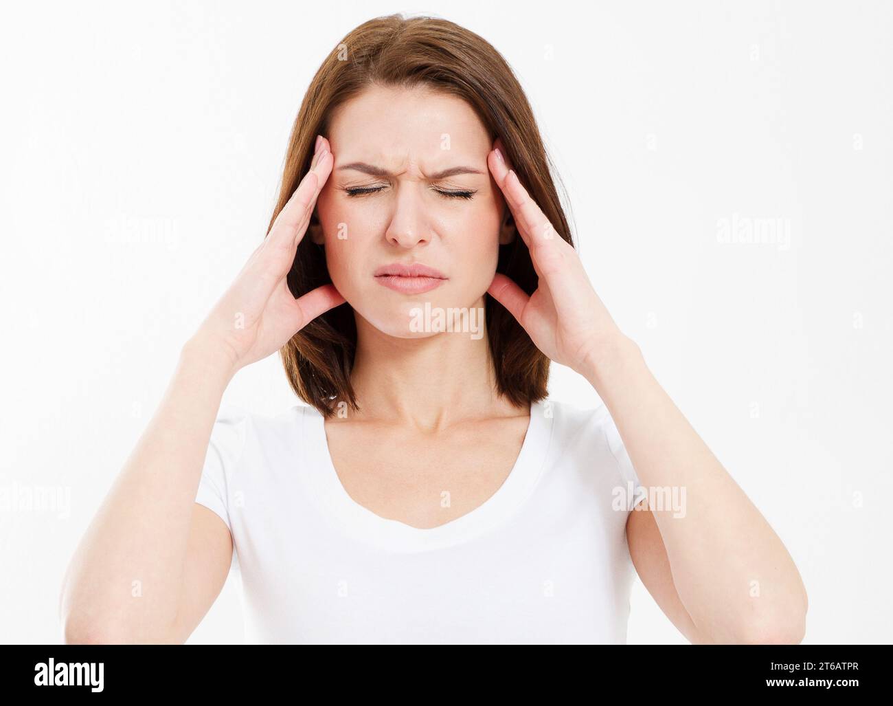 Strong female migraine, Suffering woman head pain isolated Stock Photo ...