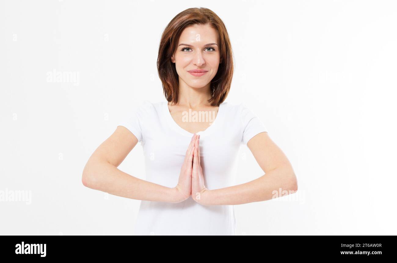Beautiful girl in namaste pose on white background isolated. Young ...