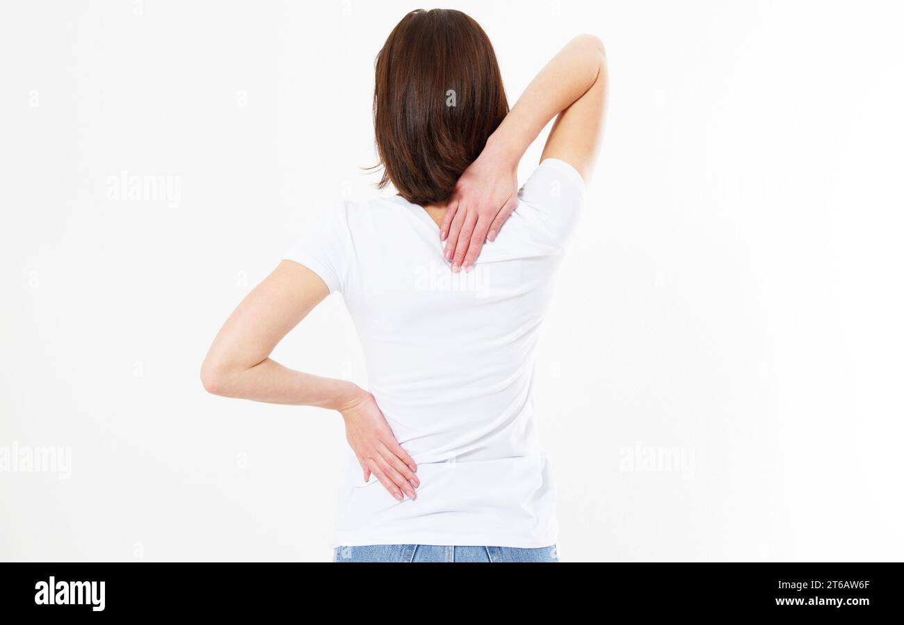 beautiful brunette woman suffering from backache - back view Stock ...
