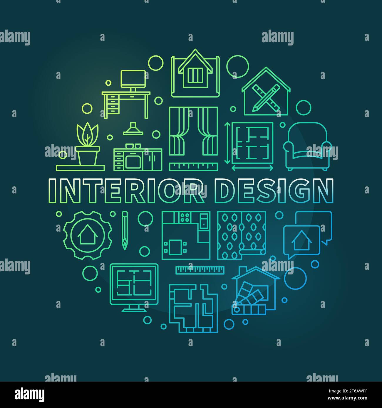 Interior Design vector round concept colored modern linear illustration ...