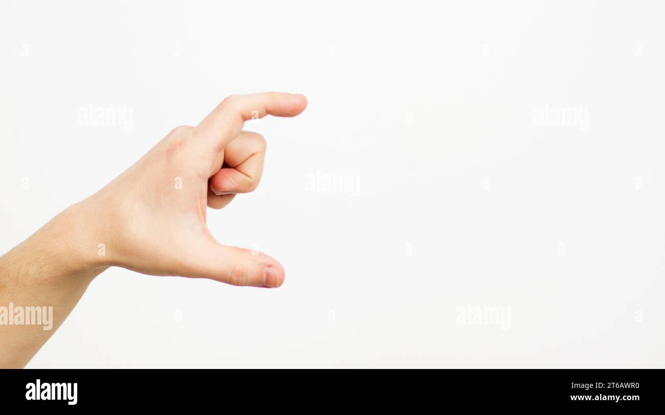 Hand showing size gesture isolated on white - copy space, blank, male ...