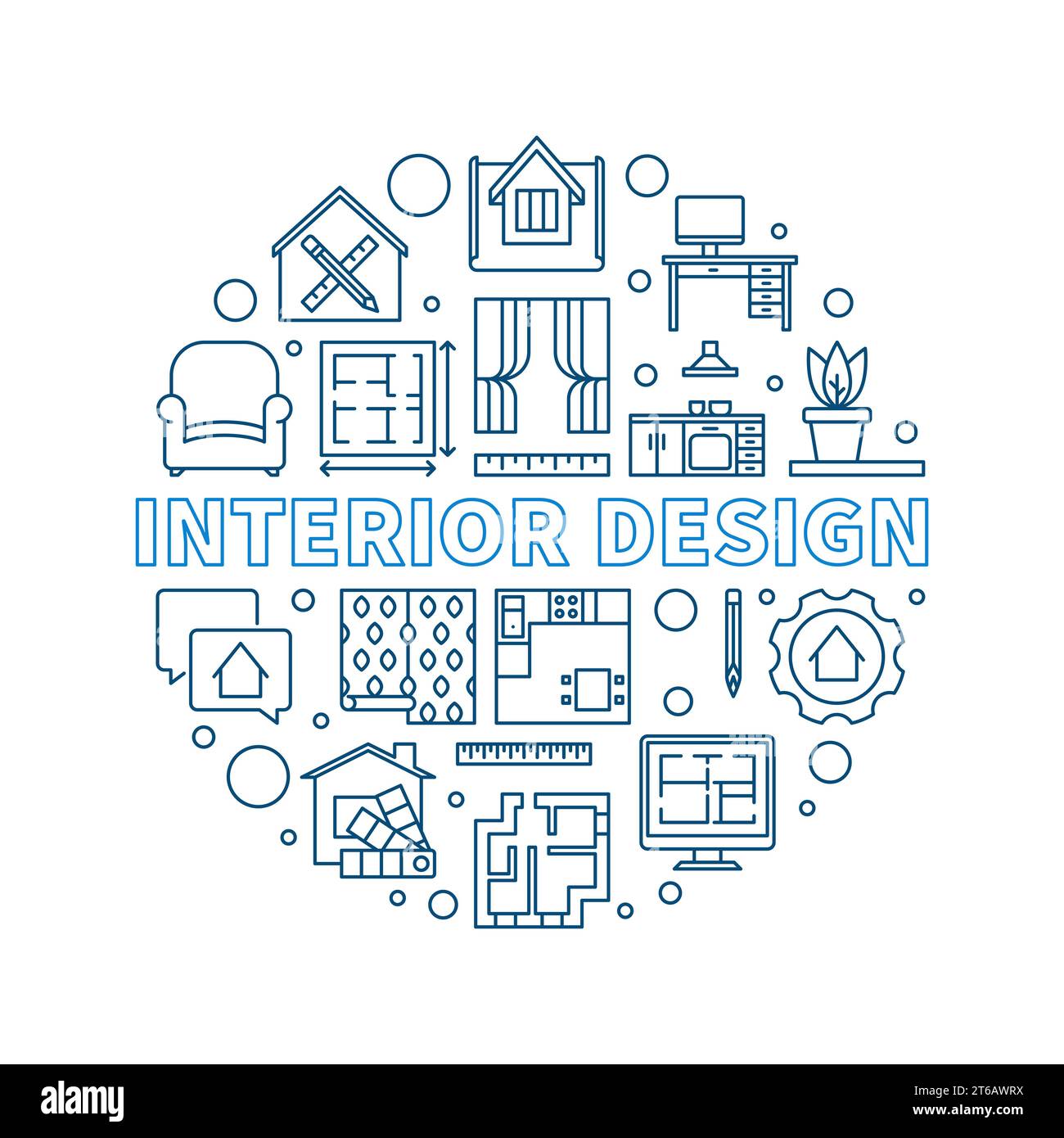 Interior Design vector round concept illustration in thin line style ...