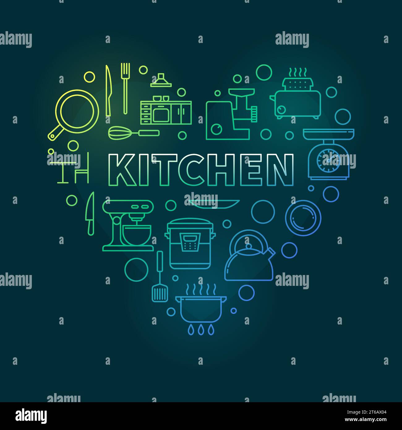 Kitchen Interior vector heart shaped concept colorful line illustration ...