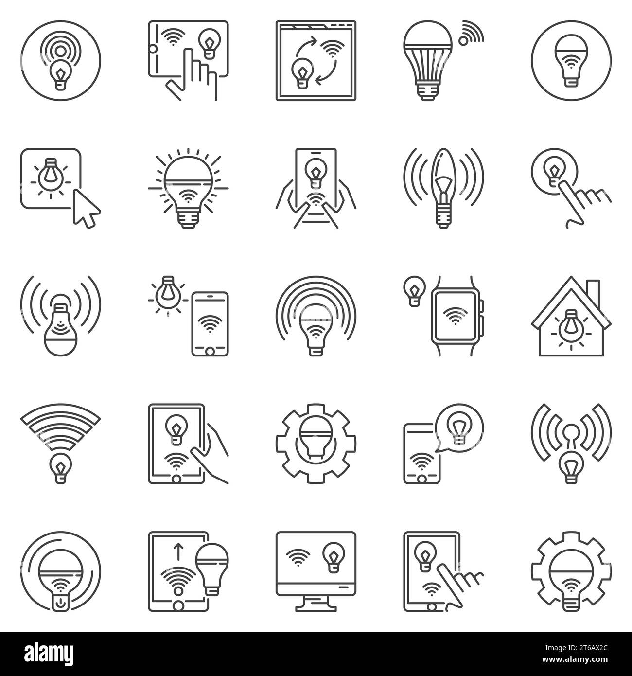 Smart Light Bulb outline icons set. LED Wi-Fi light bulbs concept vector symbols in thin line ...