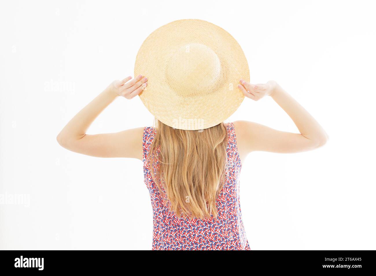 Summer woman in dress with hat, back view, vacation, isolated, space ...