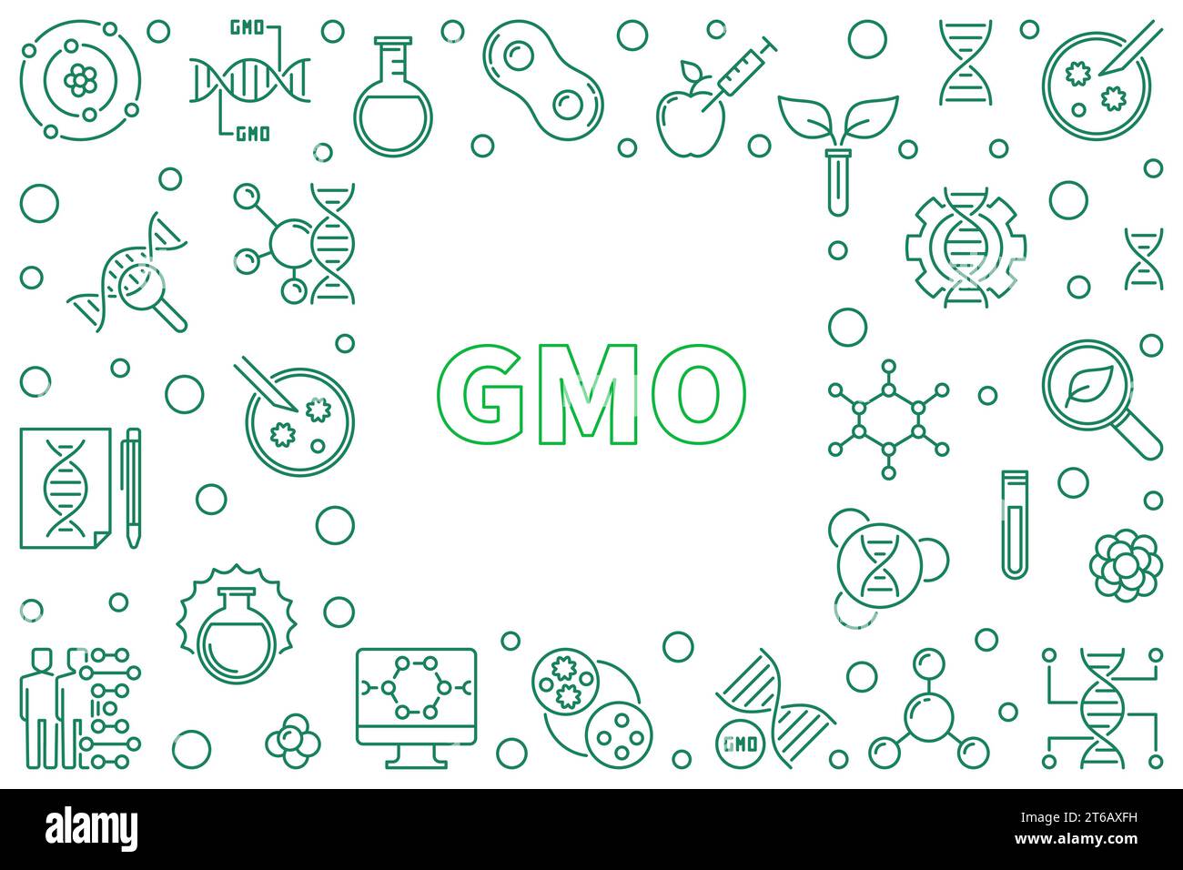 GMO concept horizontal frame - vector genetically modified organism illustration in thin line ...
