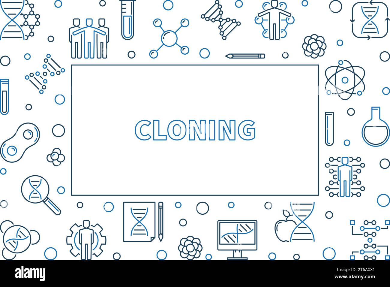 Cloning concept vector horizontal frame or illustration in thin line style on white background ...