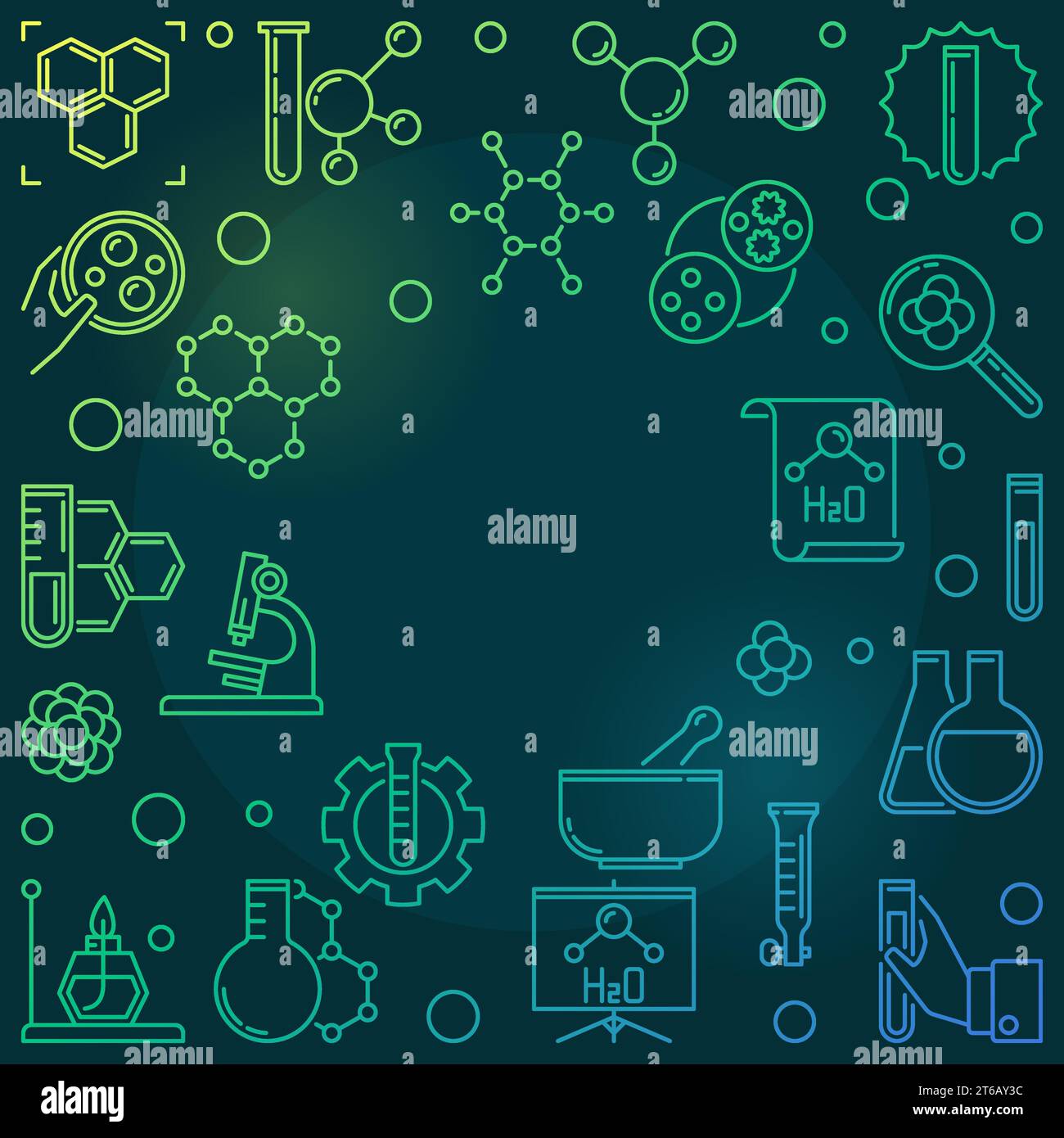 Chemistry vector colored square outline illustration with round frame ...