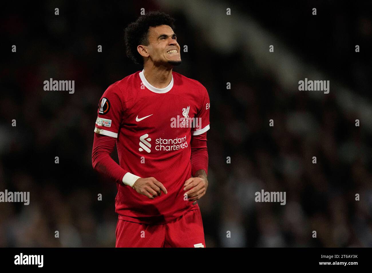Liverpool's Luis Diaz reacts after he missed a chance to score during the Europa League Group E ...