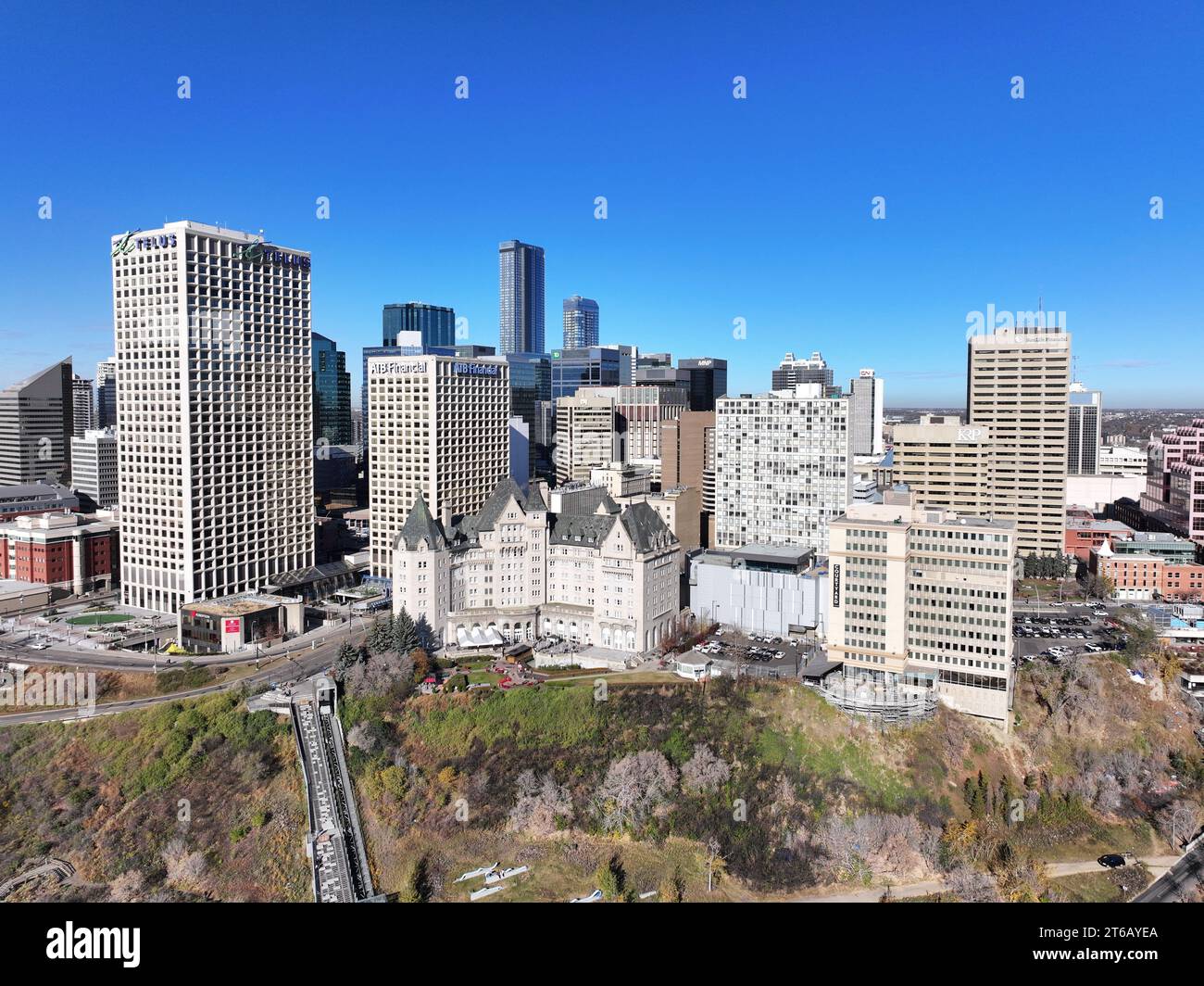 Aerial view of downtown Seattle with train tracks running through the ...