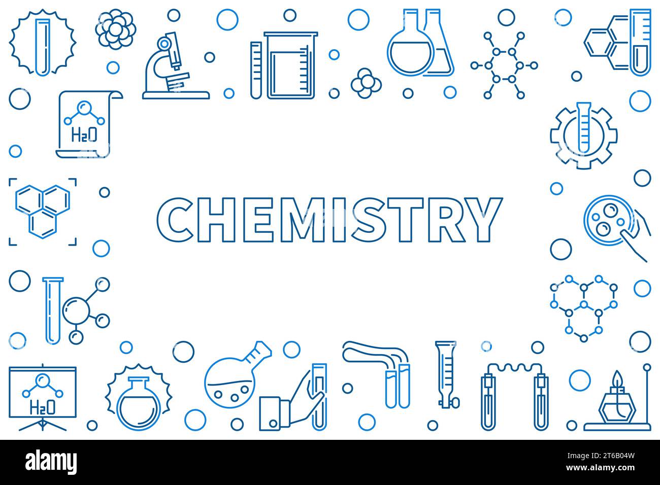 Chemistry vector horizontal banner or frame in thin line style on white ...