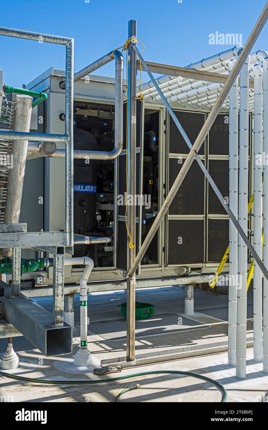 Open compressor panel of a CO2 cold-storage (industrial refrigeration ...