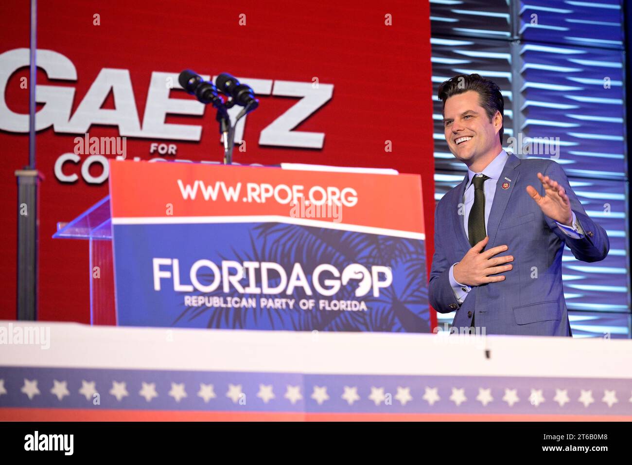 Rep. Matt Gaetz, R-Fla., acknowledges attendees before speaking at the ...
