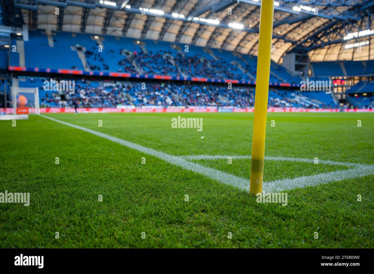 Close up flag's pole in the corner of soccer pitch Stock Photo - Alamy