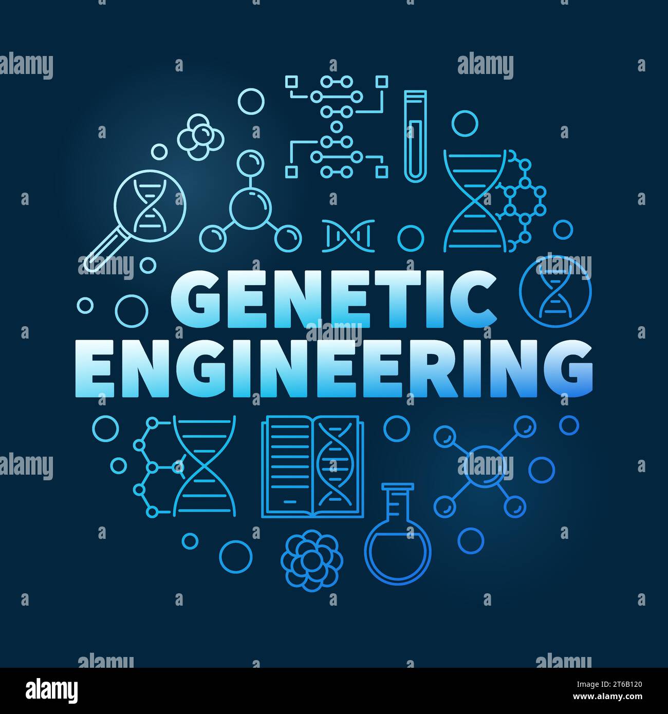 Genetic Engineering vector circular biotechnology concept linear blue illustration on dark ...