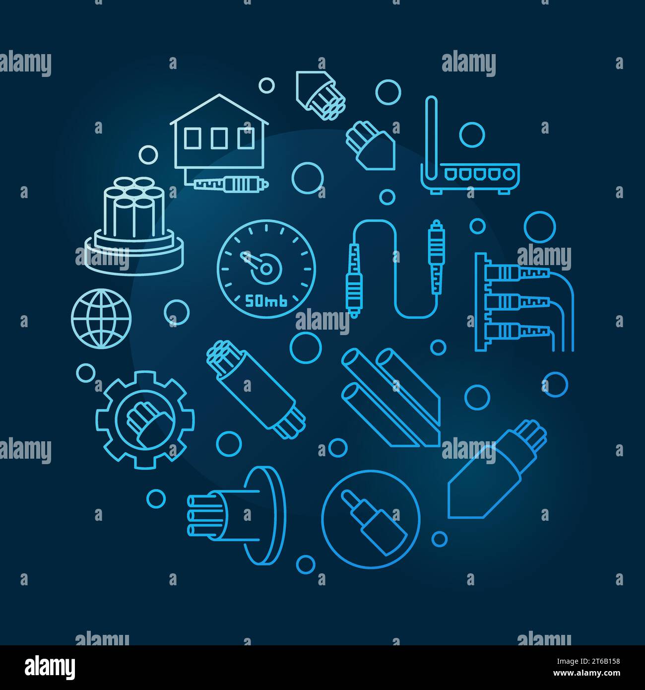 Vector Optical Fiber round concept blue outline illustration on dark ...