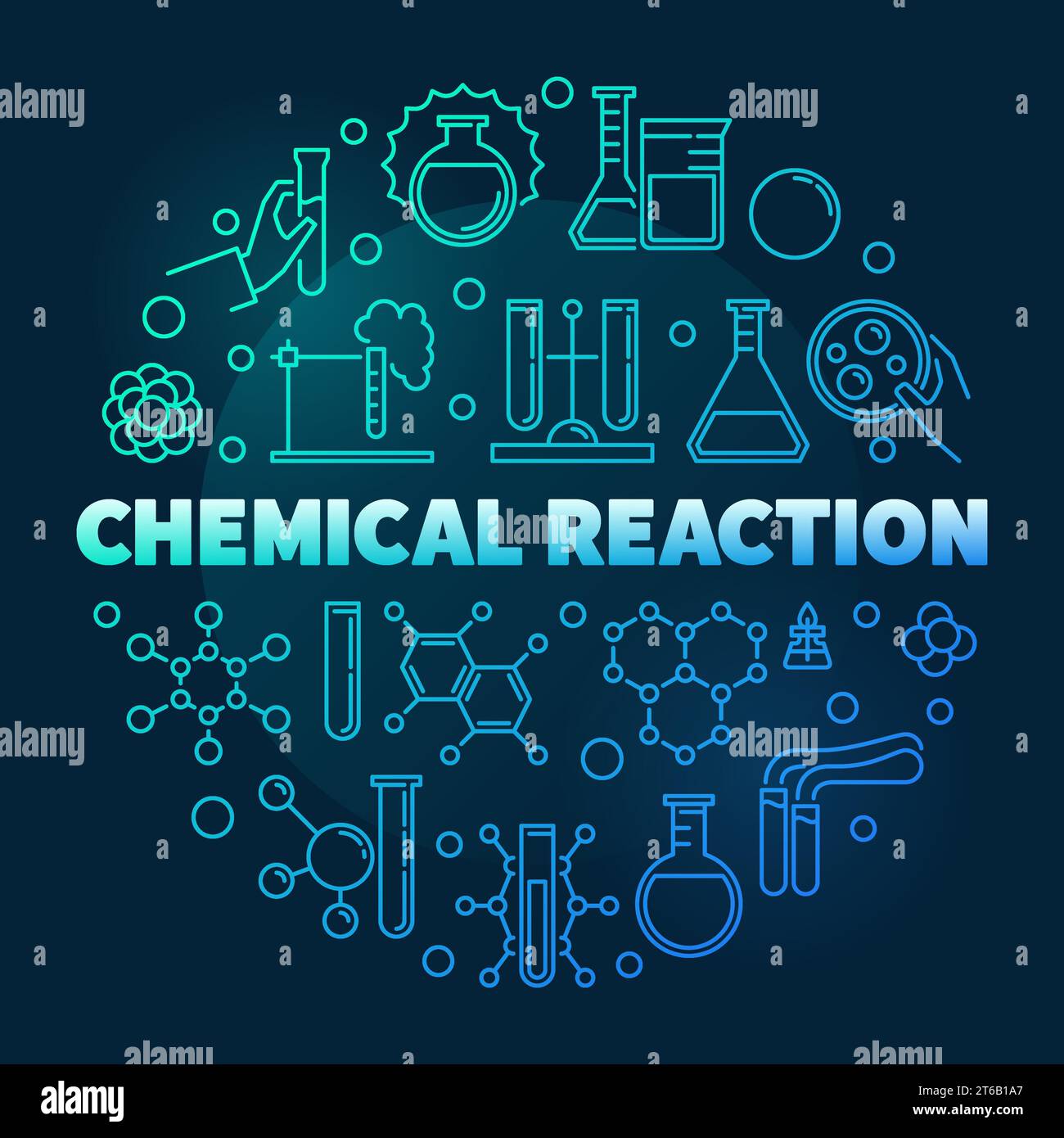 Chemical Reaction vector blue round outline illustration. Chemistry ...