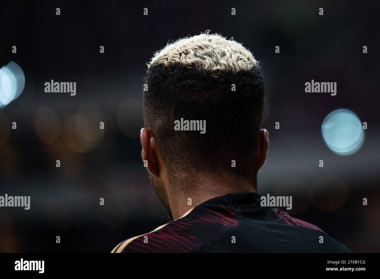 the back of the football player's head with his hair painted white ...