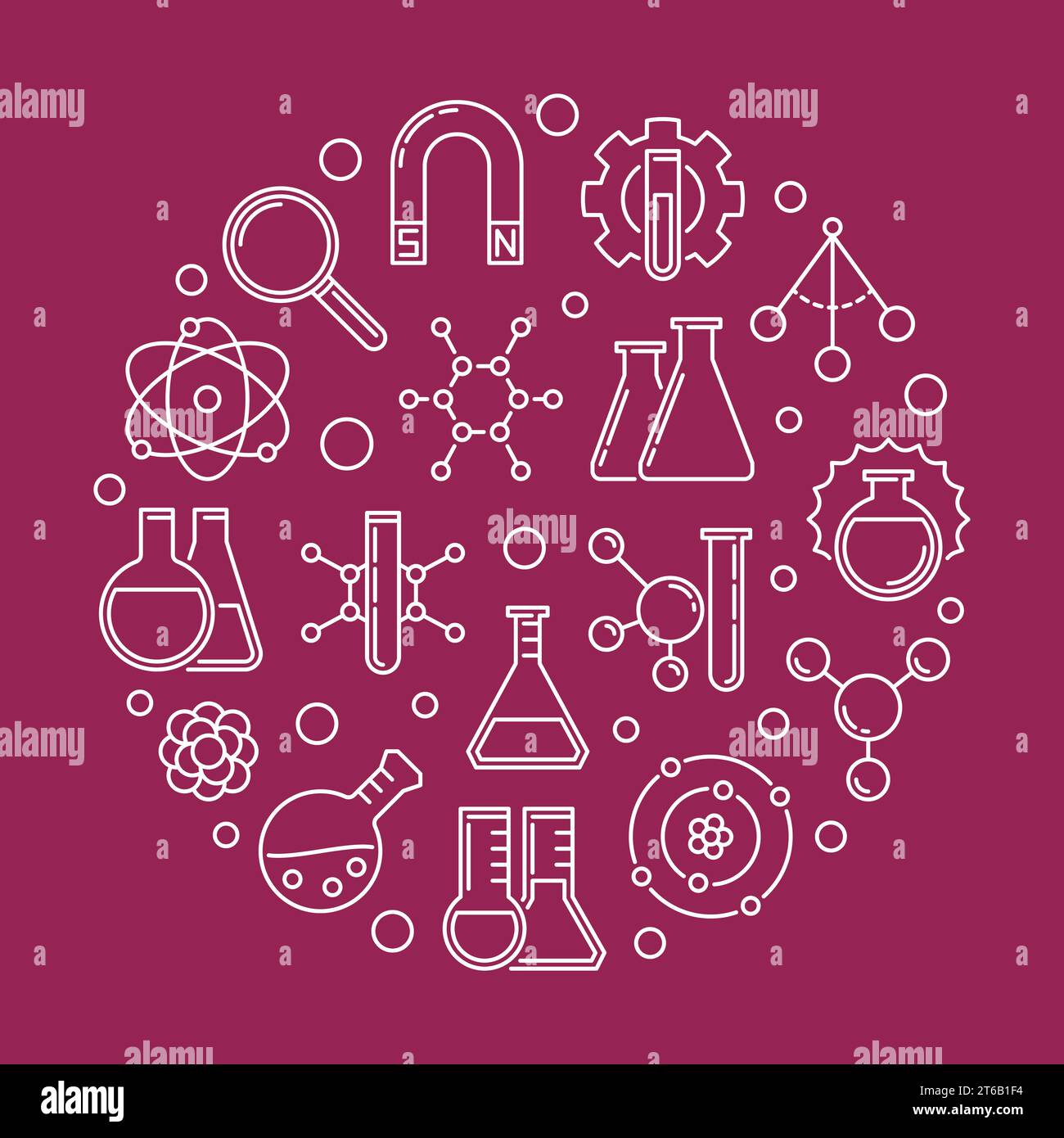 Chemical Physics vector concept round illustration in outline style on red background Stock ...